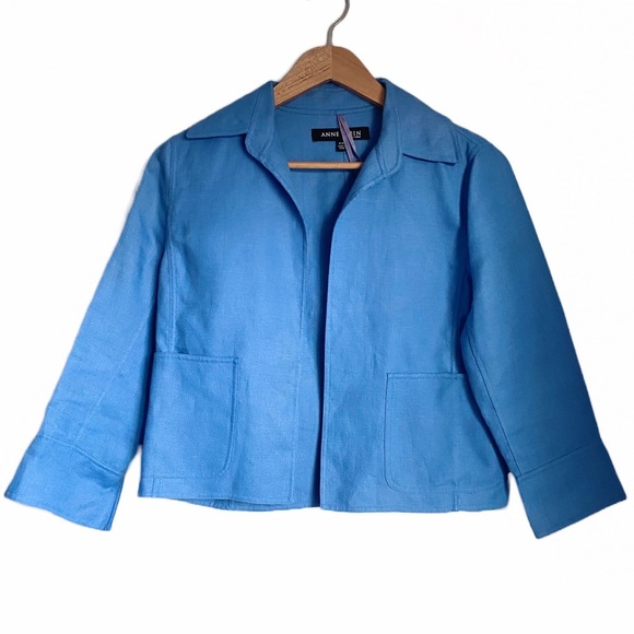 Anne Klein | Jackets & Coats | Ann Klein Ny 0 Linen Blue Open Front ...